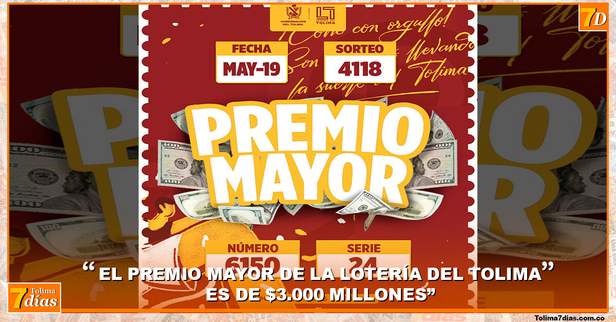 El sorteo 4118 de la Lotería del Tolima | Tolima7dias.com.co